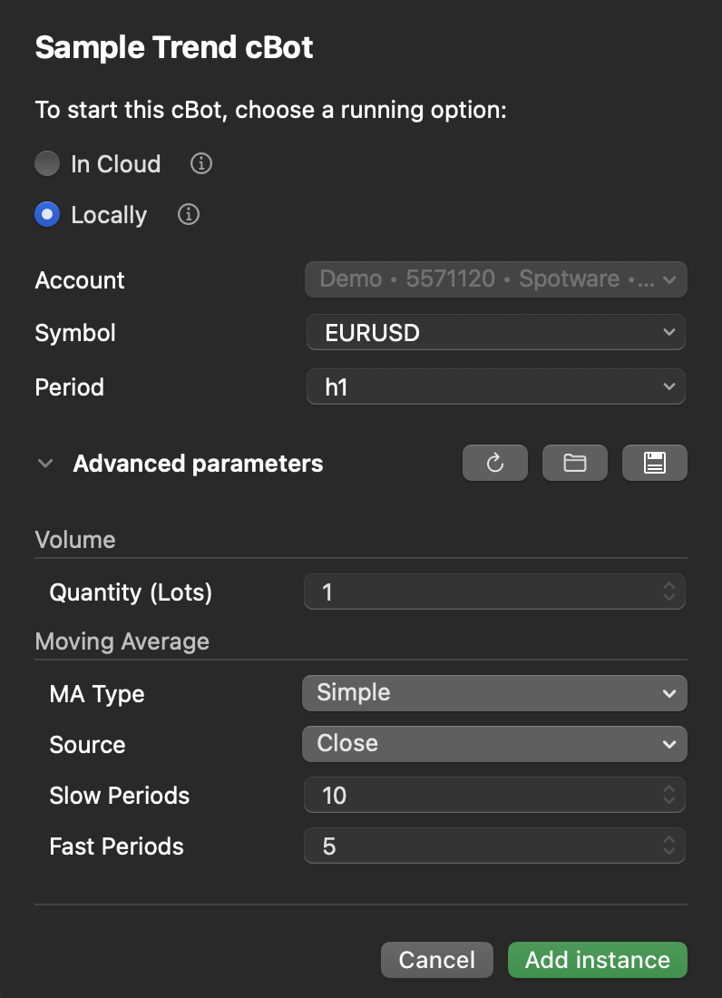 Manage instance parameters - cTrader Algo
