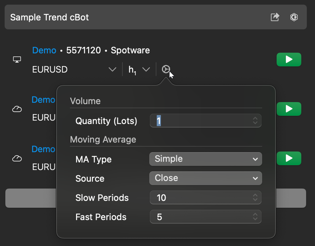 Manage instance parameters - cTrader Algo