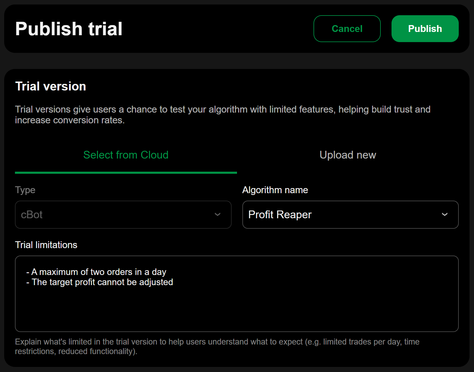 Publish a trial - cTrader สโตร์
